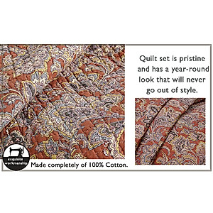 Cozy Line Home Fashions Red Orange Vintage Reversible 100% Cotton 3-Piece Quilt Bedding Set, Coverlet Bedspread (Lara Spice Paisley, King - 3 Piece)