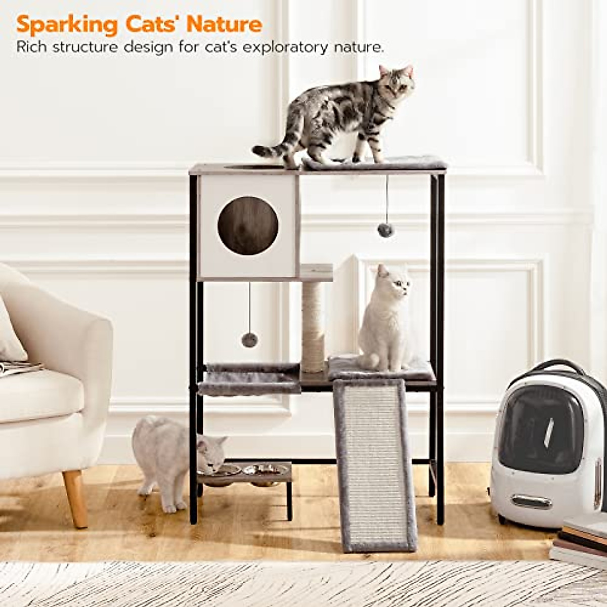 HOOBRO Wooden Cat Tree, Versatile Cat Tower with Scratching Post, Cat Hammock and Food Bowls, 4-Tier Pet House for Indoor Cats, Multi-Cat Families, Greige BG34MZ03