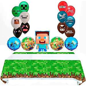 18 PCS Pixel Miner Crafting Style Foil & Latex Balloons - Mining Themed Party Supplies Disposable Tablecloth - Birthday Party Video Game Party Decorations