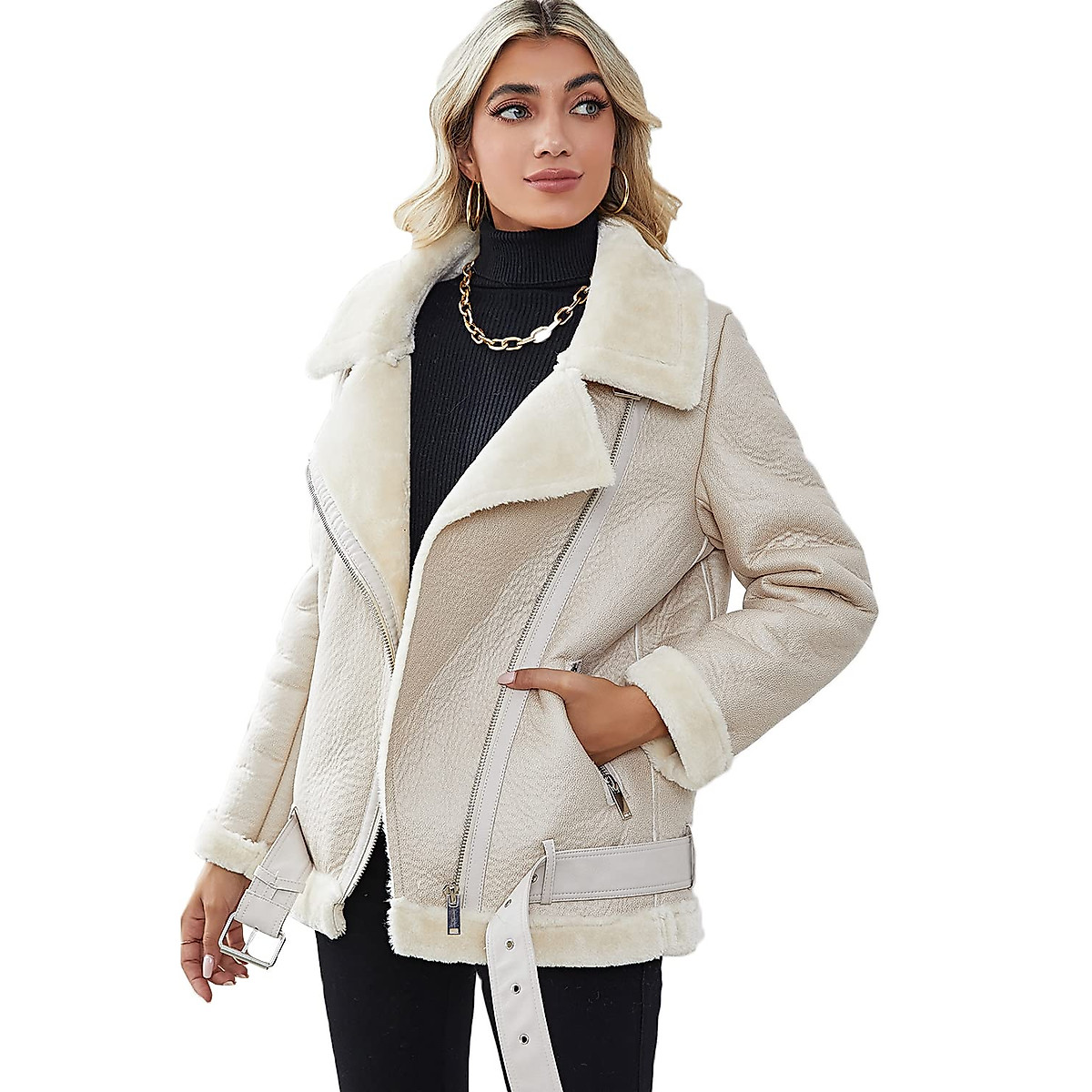 LY VAREY LIN Women's Faux Shearing Moto Jacket Thick Lined Parka Winter Shearling Coat Leather Jacket