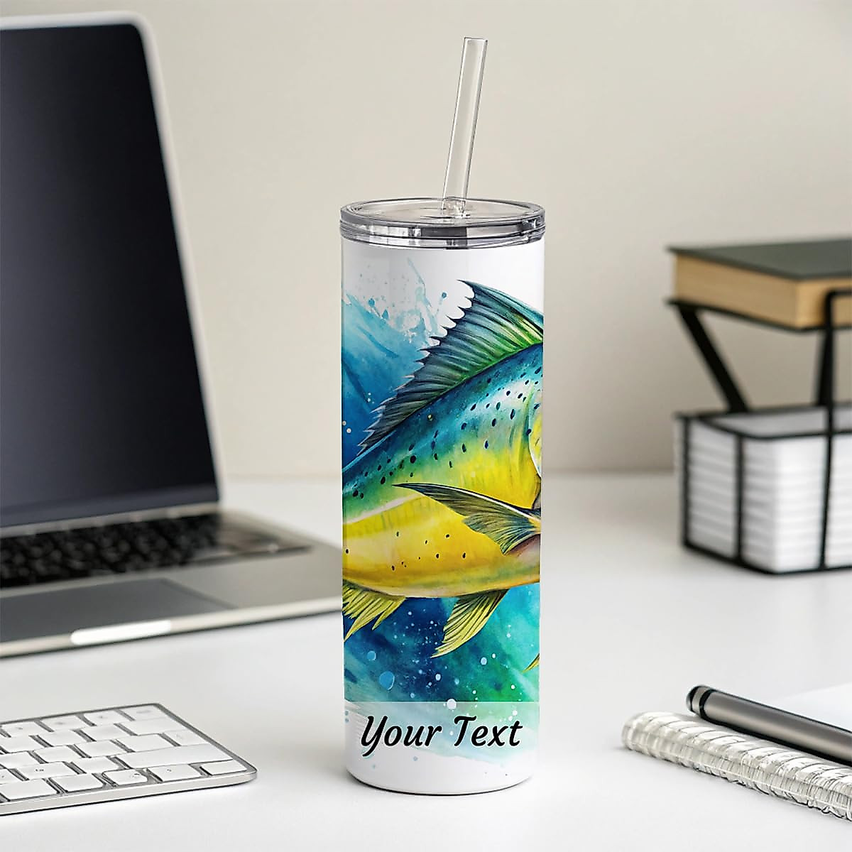 Personalized Custom Name Text Mahi Mahi Fish Watercolor Skinny Tumbler 20oz with Straw Insulated Water Bottle Gift - 1 Line Horizontal