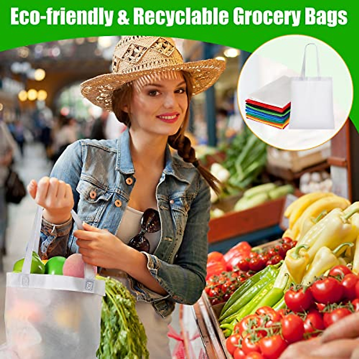 Jexine 50 Pack Non Woven Tote Bags Bulk 13 x 15 Inch Reusable Grocery Bags with Long Handles for Shopping, Birthday Party (Bright Color)