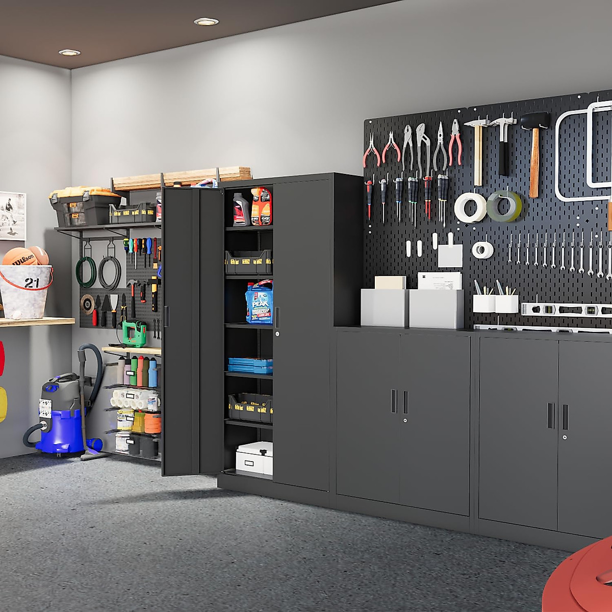 Metal Storage Cabinet with 2 Doors and 4 Shelves, Lockable Steel Storage Cabinet for Office, Garage, Warehouse, 70.86" H x 31.5" W x 15.75" D (Black)