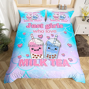 Cute Milk Tea Duvet Cover Twin Size,Purple Blue Ombre Fishscale Bedding Set 2pcs for Kids Teens,Cartoon Love Heart Comforter Cover Soft Quilt Cover Bedroom Decor Bedspread