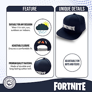 FORTNITE Baseball Cap for Boys, Quality Made Boys Hat and Fitted Cap, Flatbrim Baseball Hat with Sleek Design Navy