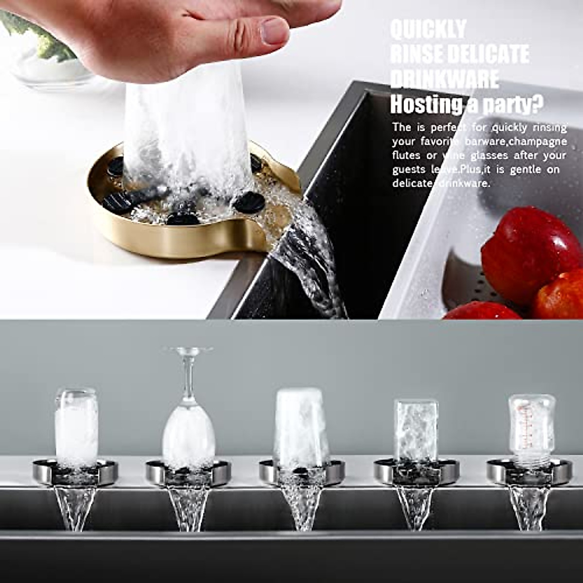 Kitchen Sink Glass Rinser,Faucet Glass Rinser for Kitchen Sinks,stainless steel Bottle Washer,Bar Glass Rinser,Kitchen Sink Accessories,Cup Rinser Bottle Washer (Brushed Gold)