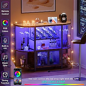 Hyomdeck Wine Bar Cabinet with LED Lights and Power Outlets, Industrial Coffee Bar Cabinet for Liquor and Glasses, Farmhouse Bar Cabinet with Freestanding Wine Racks for Kitchen/Dining, Rustic Brown