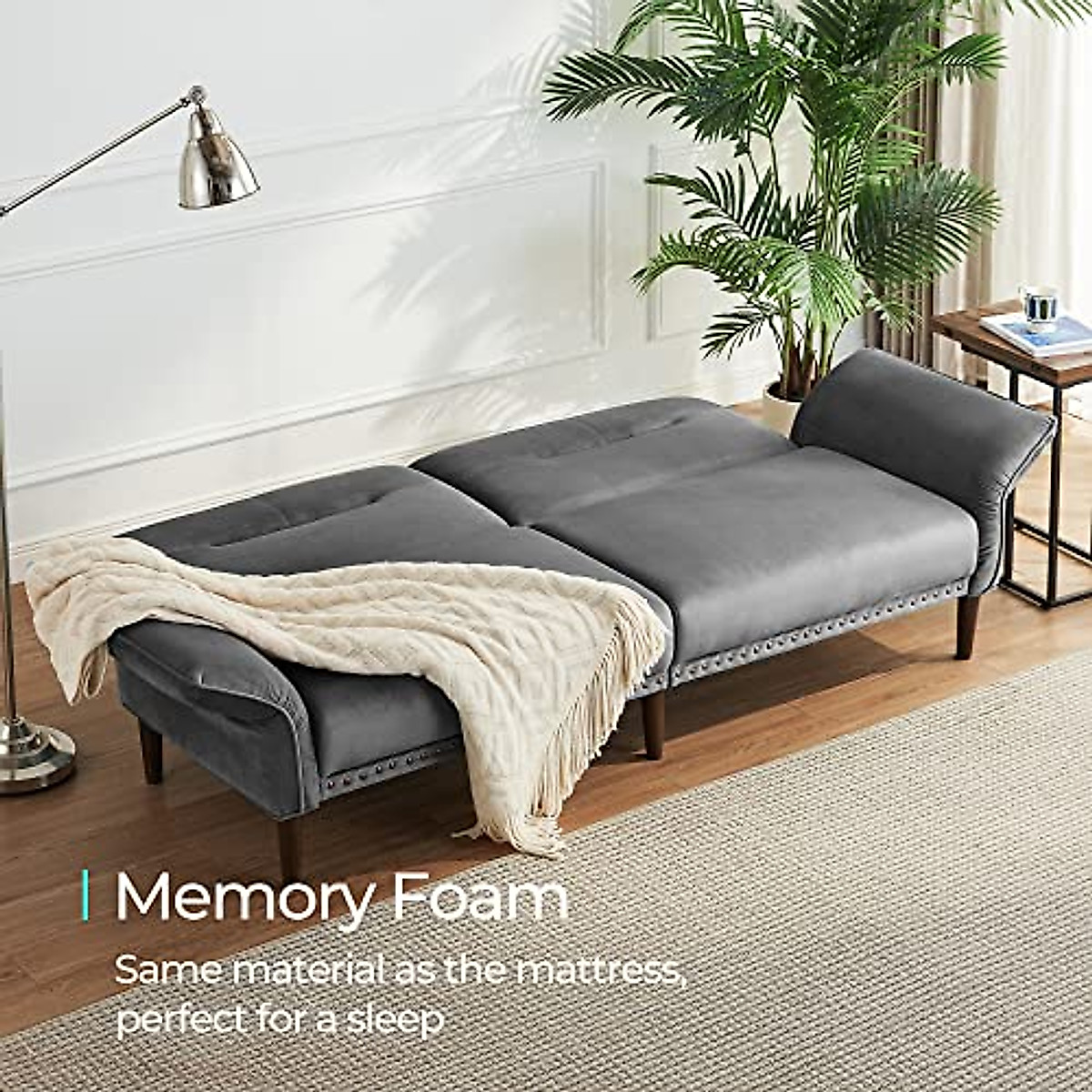 LINSY HOME Futon Sofa Bed, Velvet Sleeper Sofa with Mattress and Frame, Memory Foam Futon Couch for Small Spaces, Living Room, Dark Grey