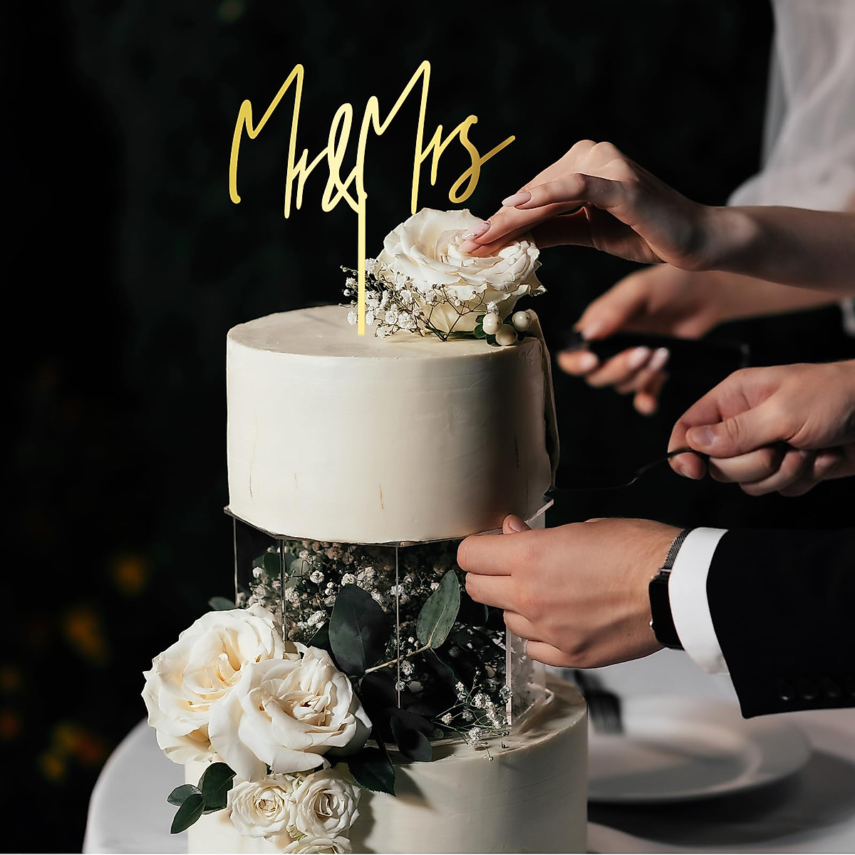 Party to Be Mr & Mrs Wedding Cake Topper in Golden Acrylic (Design 04)