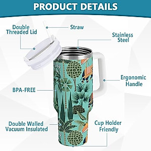 Elephants Peacocks Turquoise 40 oz Tumbler with Lid and Straw Insulated Tumblers with Handle Travel Coffee Mug Cup Large Water Bottles Cup for Men Women Sports Gym