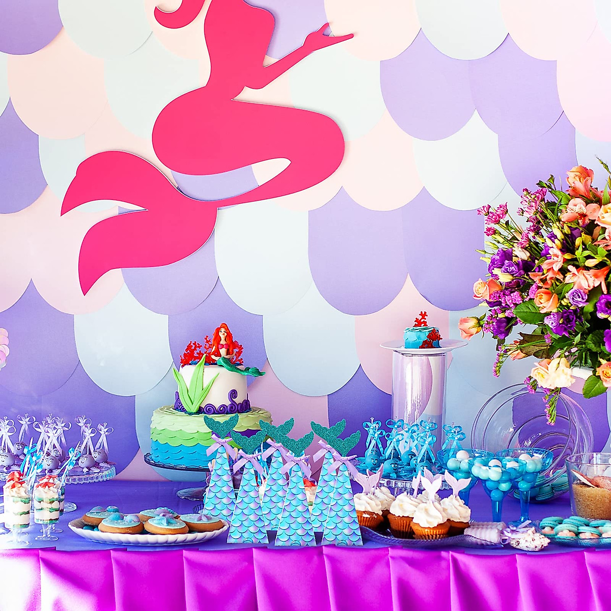 50 Pcs Mermaid Party Boxes Favors Cone Mermaid Gift Boxes with Glitter Tail and Purple Bow Mermaid Party Favors Paper Mermaid Candy Box for Girl Under the Sea Baby Shower Decorations Birthday Supplies