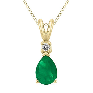 14K Yellow Gold 6x4MM Pear Emerald and Diamond Pendant