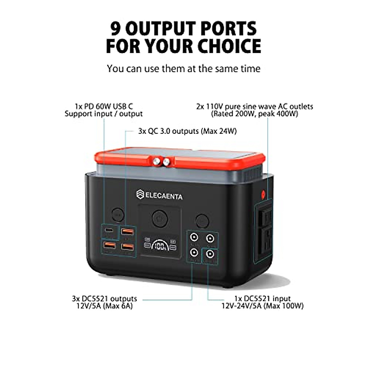 ELECAENTA Portable Power Station 200W, 200Wh LiFePO4 Battery Backup, 100W Solar Fast Charging, 2 AC Pure Sine Wave Outlets, PD 60W USB C, Lightweight Solar Generator for Outdoor Camping Fishing RV