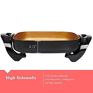 Caynel Professional Non-stick Copper Electric Skillet Jumbo, Deep Dish with Tempered Glass Vented Lid, Upgrade Thermostat, 16”x 12”x 3.15”- 8 quart (Black-1)