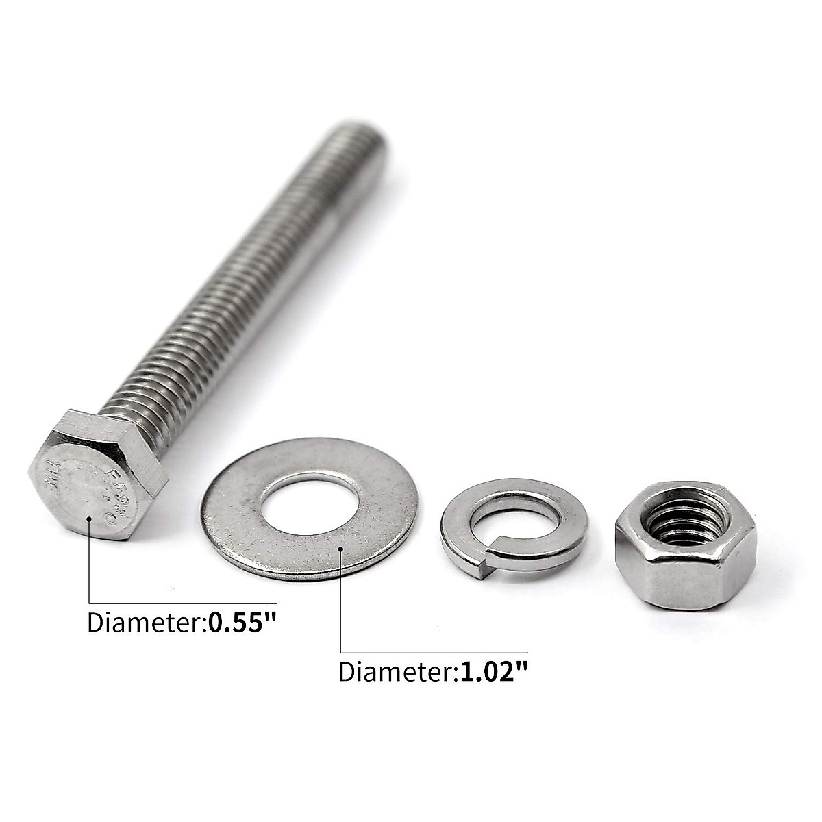 (6 Sets) 3/8-16x1-3/4" Stainless Steel Hex Head Screws Bolts, Nuts, Flat & Lock Washers Kits, 304 Stainless Steel 18-8, Fully Machine Thread, Flat Washers Diameter 1.02"
