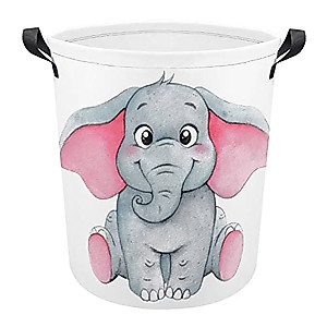 Watercolor Animals Waterproof Laundry Baskets Elephant Panda Hippo Collapsible Laundry Hamper with Handles Large Round Toy Bin for Dirty Clothes,Kids Toys,Bedroom,Bathroom