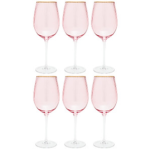 Vikko Décor Wine Glasses, Set of 6 Peach Blown Glass with Gold Rim, 14 Ounce Fancy Wine Glasses With Stem for Red and White Wine, Dishwasher Safe Goblets, Decorative Wine Glasses