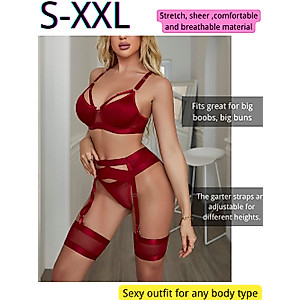 Kaei&Shi Garter Belt Thong Lingerie for Women,Strappy Hollow Out Sexy Lingerie,Underwire Mesh Sheer Matching 4 Piece Lingerie Set Valentine Day Burgundy Medium