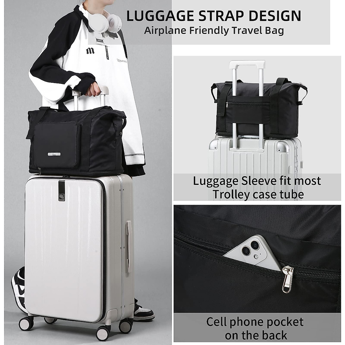 Hanke Expandable Foldable Travel Duffel Bag Collapsible Carry On Bag with Luggage Strap for Airplanes, Water Resistant Weekender Overnight Bag Fits for Men Women