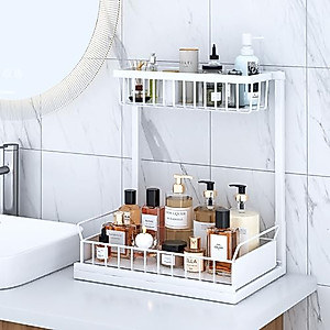 reepor Under Sink Organizer,2-Tier Pull Out Cabinet Organizer Under Kitchen Sink Organizer,Under Cabinet Storage Multi-Use for Bathroom Laundry Kitchen White