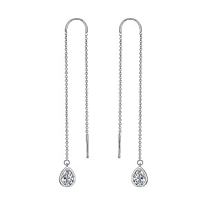 Threader Earrings 925 Sterling Silver Teardrop Earrings Droplet Jewelry Drop Dangle Long Charm Earrings for Women Birthday Gifts (Threader Earrings CZ)