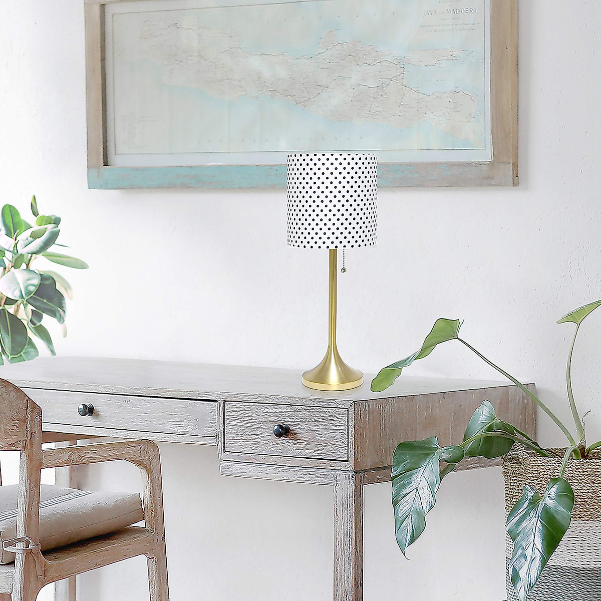 Simple Designs LT1076-GDD Tapered Fabric Drum Shade Table Lamp, Gold and Polka Dot