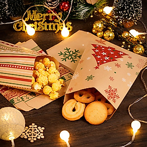 100 Pieces Christmas Kraft Treat Bags Christmas Goody Bags Kraft Holiday Paper Gift Bags Buffet Paper Bags for Christmas Party Favor,4 Styles