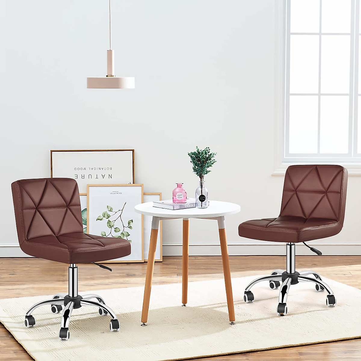 COSVALVE Armless Desk Chair, Low Back 360 Swivel Office Chair, Height Adjustable Executive Conference Task Chair with Rolling Wheels and Diamond Pattern for Home Bedroom Computer Barber, Brown