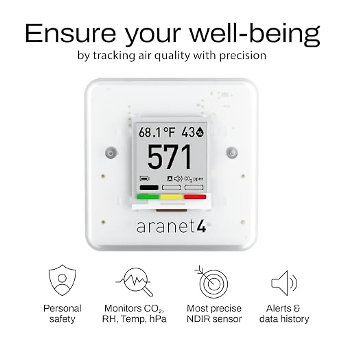 SAF Aranet4 Home: Wireless Indoor Air Quality Monitor for Office or School (CO2, Temperature, Humidity and More) Portable, Battery Powered, E-Ink Screen, App for Configuration & Data History