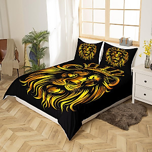 Castle Fairy Gold Roaring Lion Print Bedding Cover King Wild Animal King Comforter Sets for Adults Black Base 3 Pieces Duvet Sets(1 Duvet Cover 2 Pillow Cases),No Comforter