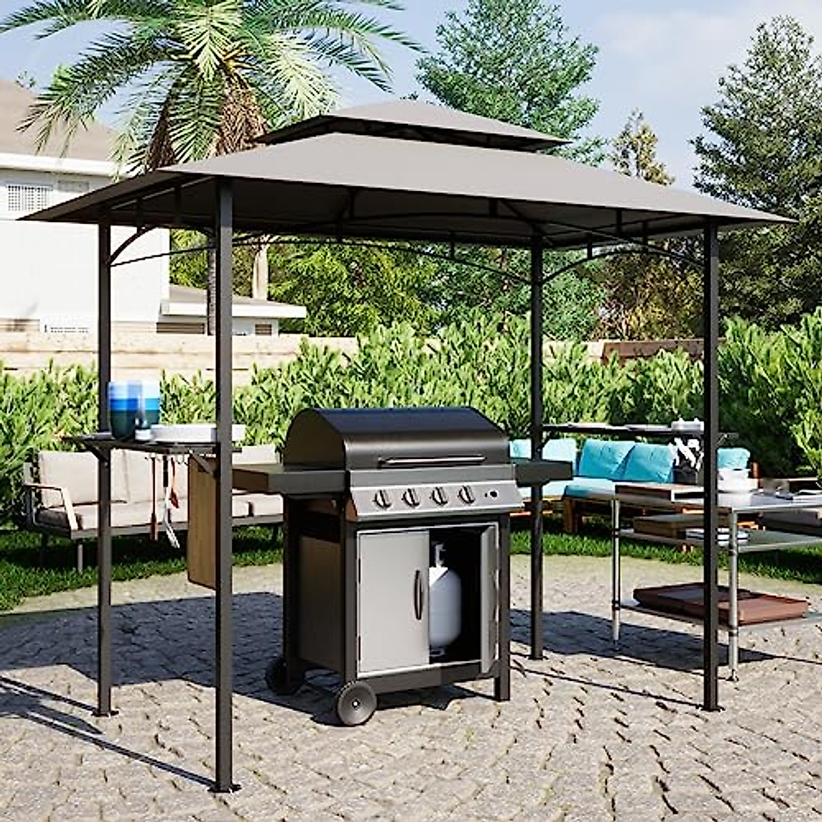 voqoomkl 8 x 5 Grill Gazebo Canopy, Double Tiered Outdoor Grill Gazebo with Shelves and Hooks, Sturdy Steel Frame BBQ Gazebo Canopy, UV Resistant & Waterproof, Gray