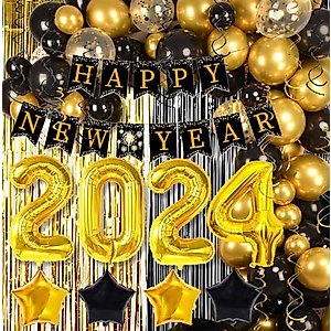 New Years Eve Party Supplies 2024 Kit - Pack of 125, Huge Gold 2024 Balloons, Happy New Year Banner, Black and Glod Hanging Swirls, Gold Fringe Backdrop for NYE Decorations 2024, New Years Party Décor