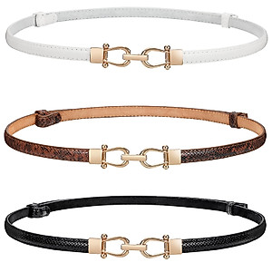WERFORU Women 3 Pack Skinny Belt for Dress,Thin Waist Belt - Adjustable Leather Belt with Gold Buckle, A-DarkBlack+Brown+White, Fit Waist Size below 37 Inches-