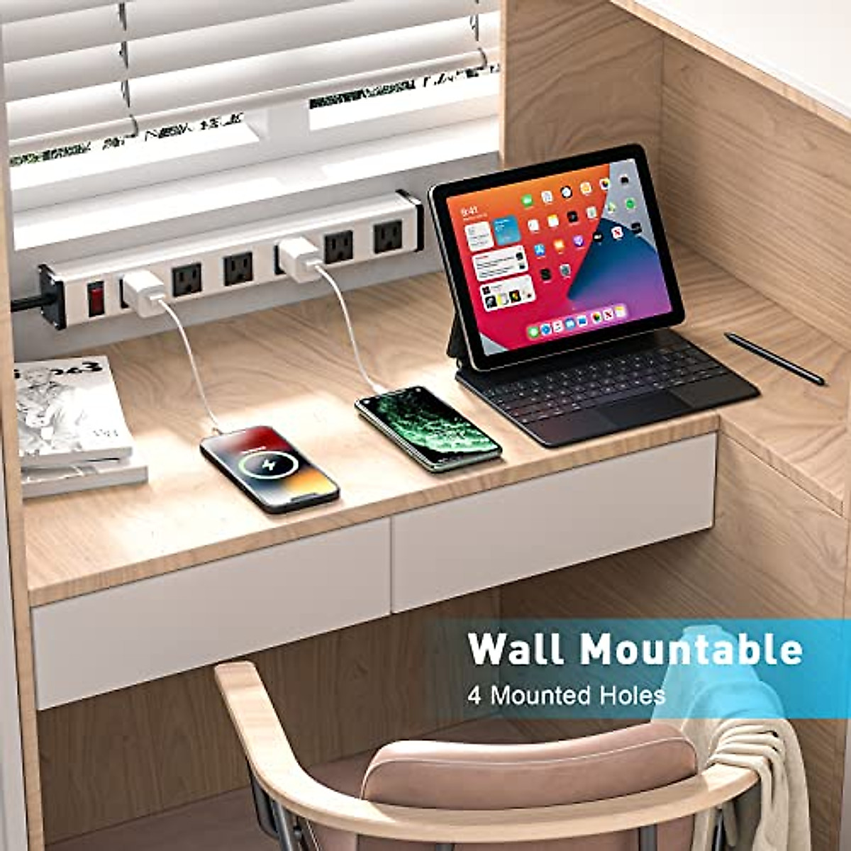 BERIGTTA Angled Flat Plug Metal Power Strip 6 Outlet, Wall Mount Workshop Power Strip with Switch for Home, Office, School, Workshop and Industrial Environments