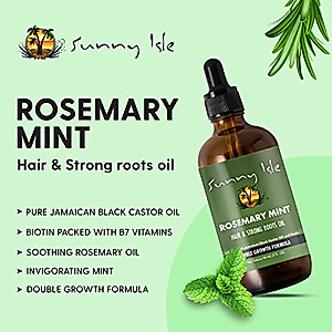 Sunny Isle Rosemary Mint Hair and Strong Roots Oil 3oz, Infused with Biotin & Jamaican Black Castor Oil to Strengthen and Nourish Hair Follicles, for Dry Scalp, Split Ends & All Hair Types