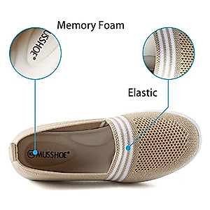 MUSSHOE Womens Walking Shoes Slip on Comfortable Elastic Knit Women Sneakers,Beige 7