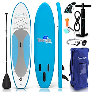 SereneLife Inflatable Stand Up Paddle Board (6 Inches Thick) with Premium Accessories & Digital Electric Air Pump Compressor - 110W 12 Volt Quick Air Inflator w/LCD, 0-16 Adjustable PSI