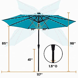 FLAME&SHADE 10 ft Solar Powered Outdoor Market Patio Table Umbrella with LED Lights and Tilt, Aqua Blue