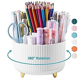 Lolocor Desk Pencil Pen Holder, 5 Slots 360 Degree Rotating Desk Organizers Pencil Pen Organizers for Desk Desktop Storage Stationery Supplies Pencil Cup Pot for Office School Home Art Supply White