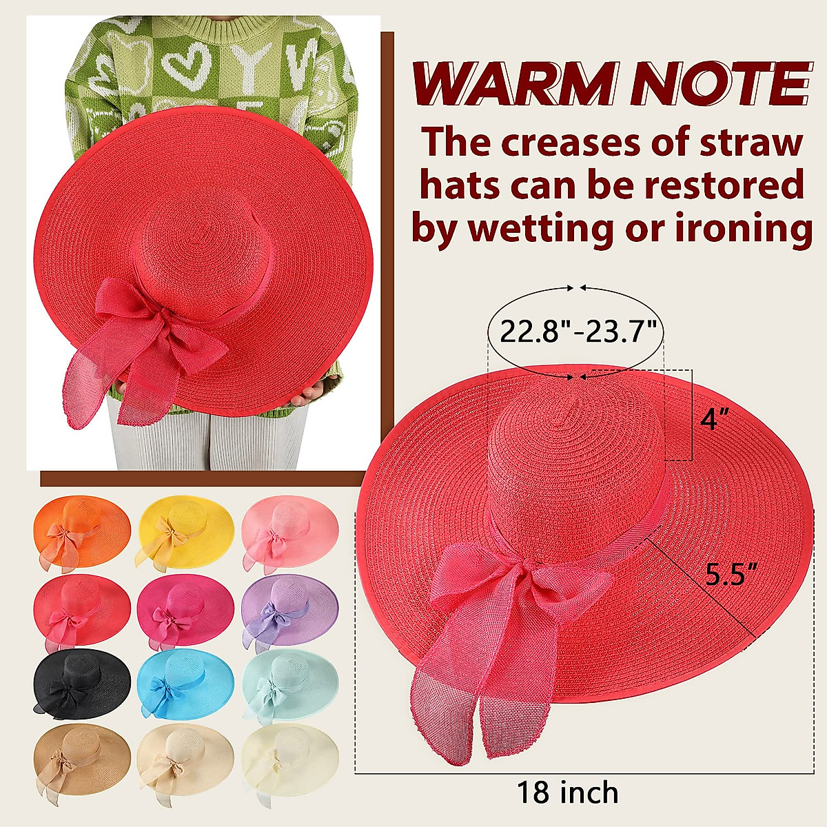 Tigeen 24 Pcs Sun Straw Hats for Women Bowknot Wide Brim 22.1-22.4 Inches Foldable Women's Floppy Hat Uv Protection UPF 50+ Summer Beach Cap for Girls Ladies, 12 Colors Multicolor