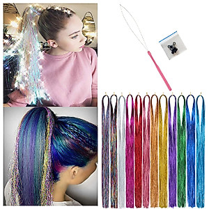 UPTOUP 46 inch Hair Tinsel Kit with Tools 12 Colors 2000 Strands Glitter Sparkling Shiny Hair Extensions Silk Fairy (12 colors)