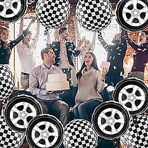 12 Pieces Black and White Checkered Balloons, Race Car Balloons Car Wheel Balloons Tire Balloons Aluminum Foil Checkered Flag Balloons for Racing Theme Birthday Party Decoration Supplies 18 Inch