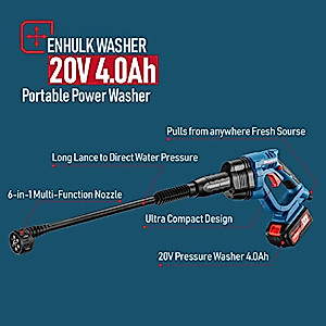 Enhulk Pressure Washer Cordless, Peak 380 PSI Portable Power Cleaner with 20V 4.0Ah Battery, 6-in-1 Nozzle, Soap Applicator, Brush, 13ft Suction Height for Outdoor Wall Floor Window Cleaning