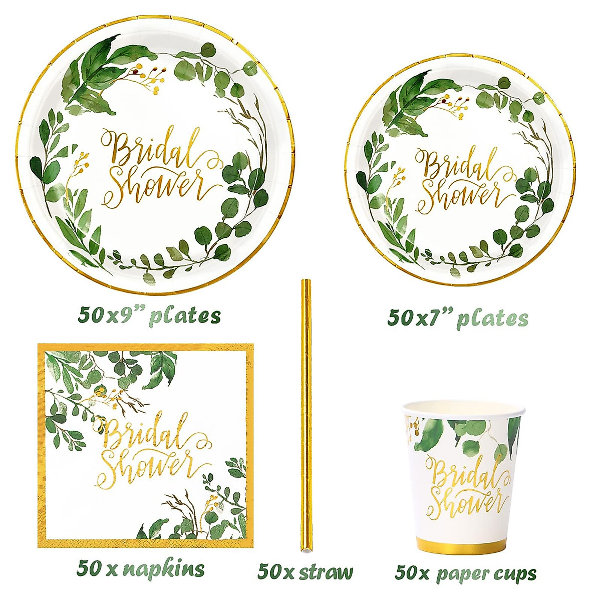 Bridal Shower Decorations Gold and Green Wedding Shower Plates and Napkins Party Supplies for Engagement Wedding the Bride-To-Be Bachelorette Party Favors, Serves 50 Guests