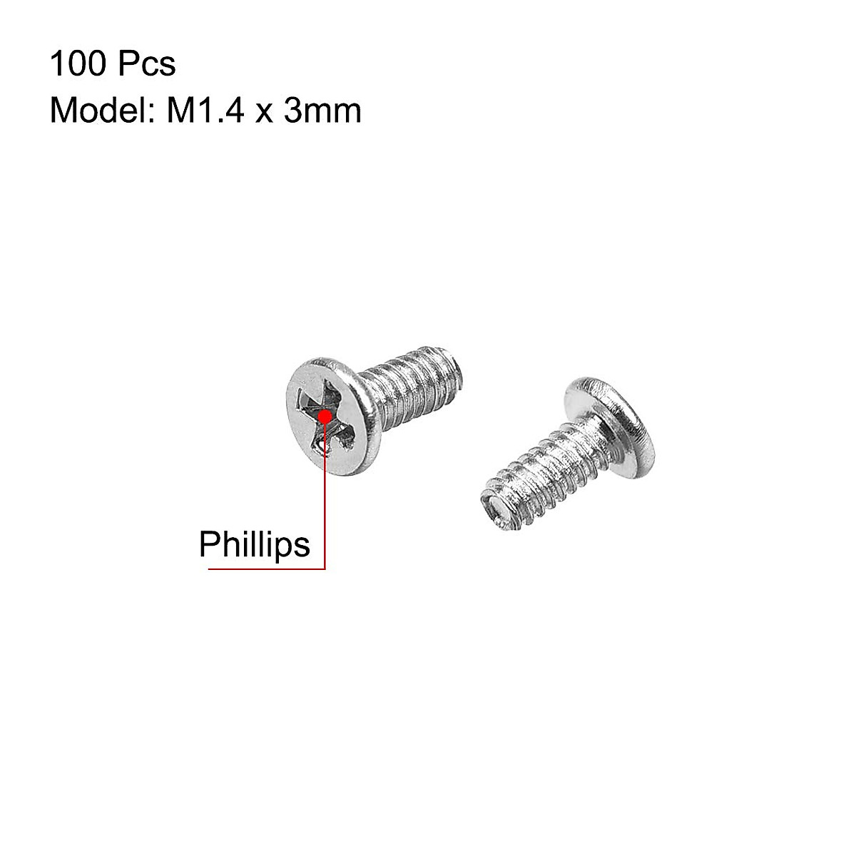 uxcell M1.4x3mm Phillips Screw Fastener Silver Tone 2.5mm Dia Screw Head for Laptop PC TV Fan Switch 100pcs