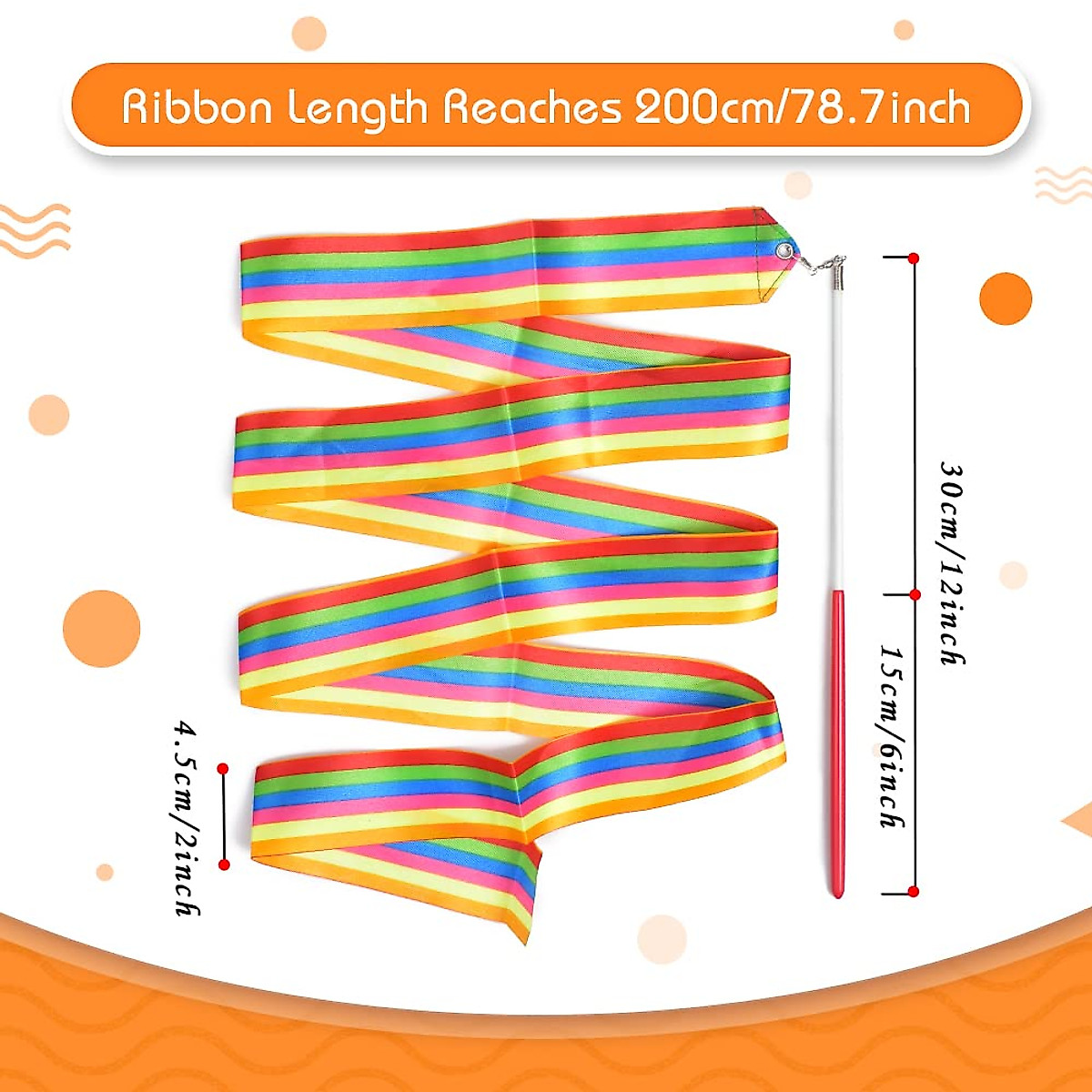 HUIANER Dance Ribbons Streamers Rhythmic Gymnastic Ribbon Wands Rods for Children Art Dances, Baton Twirling, 2 Pieces