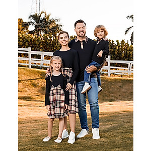 PATPAT Matching Family Outfits Mommy and Me Dresses Matching Set Mom and Daughter Matching Outfits Long Sleeve Patchwork Belted Dress and Button Down Plaid Shirts Khaki Buffalo Plaid Dress for Women M
