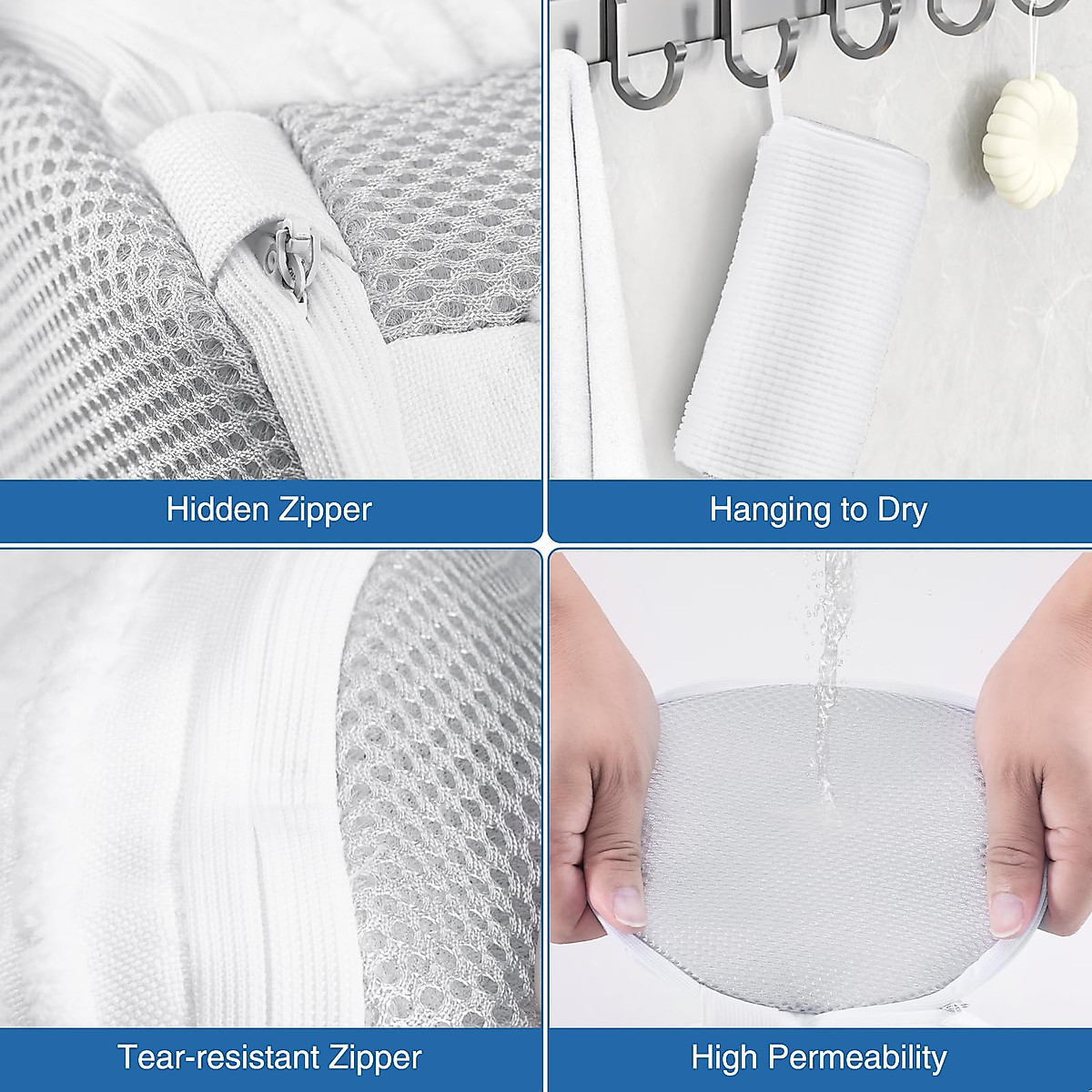 Teletrogy Shoe Washing Bag for Washing Machine, Fluffy Fibers Keep 360° Wrap-around Cleaning, 2 Pairs Adjustable Shoe Trees, Durable Hidden Zipper Reusable Shoe Laundry Bag for Sneaker Gym Shoes White