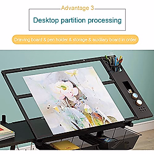 Adjustable Glass Drafting Table,Versatile Art Study Table,with Storage Drawers,Art Studio Design Sketching Painting Work Station