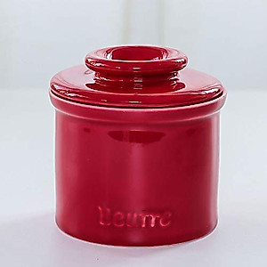 BRT Ceramic French Butter Keeper Crock Storage Jar Butter Serving Dish (Red)